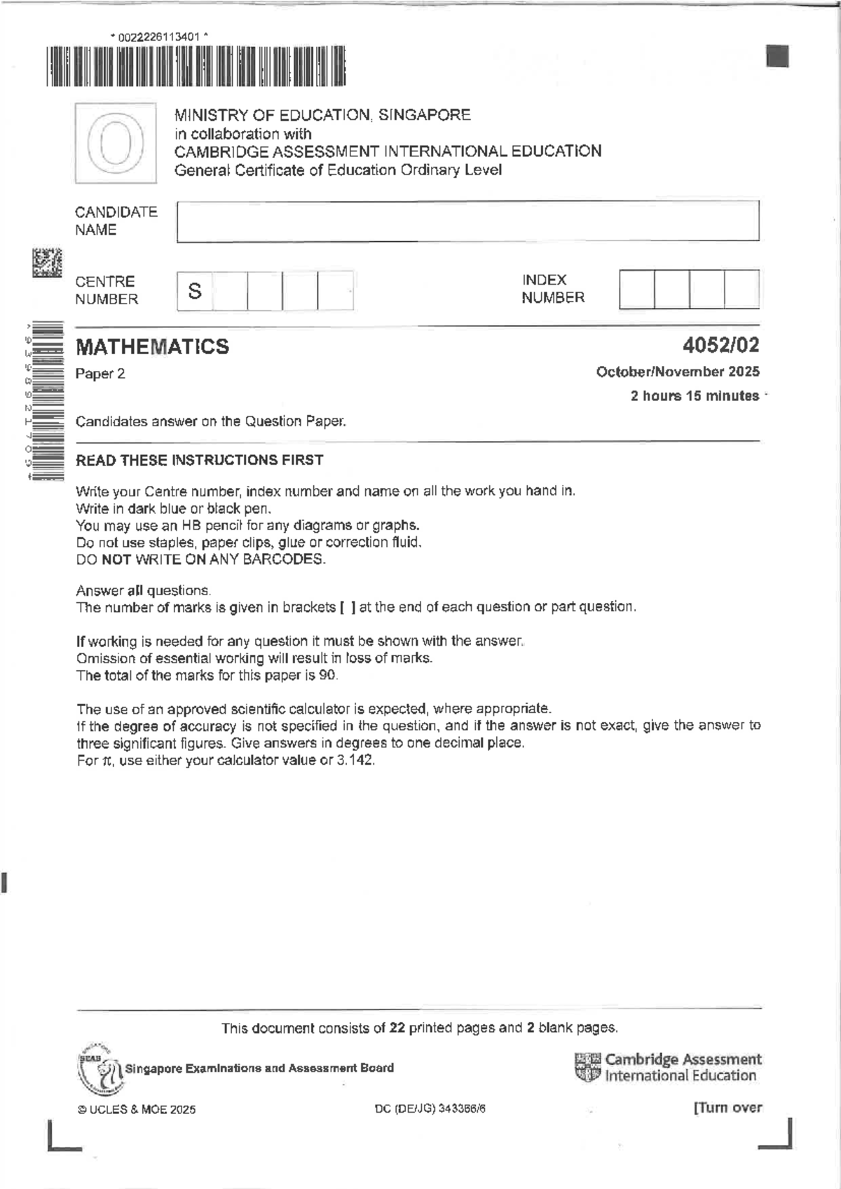 GCE O Level 2025 EM P2 - Mathematics Practice Paper - Studocu