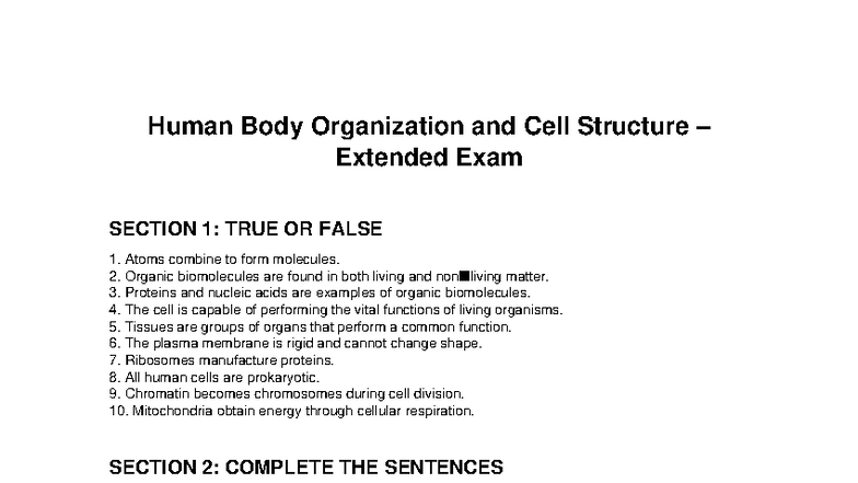 BIO 101: Human Body Organization & Cell Structure Extended Exam - Studocu