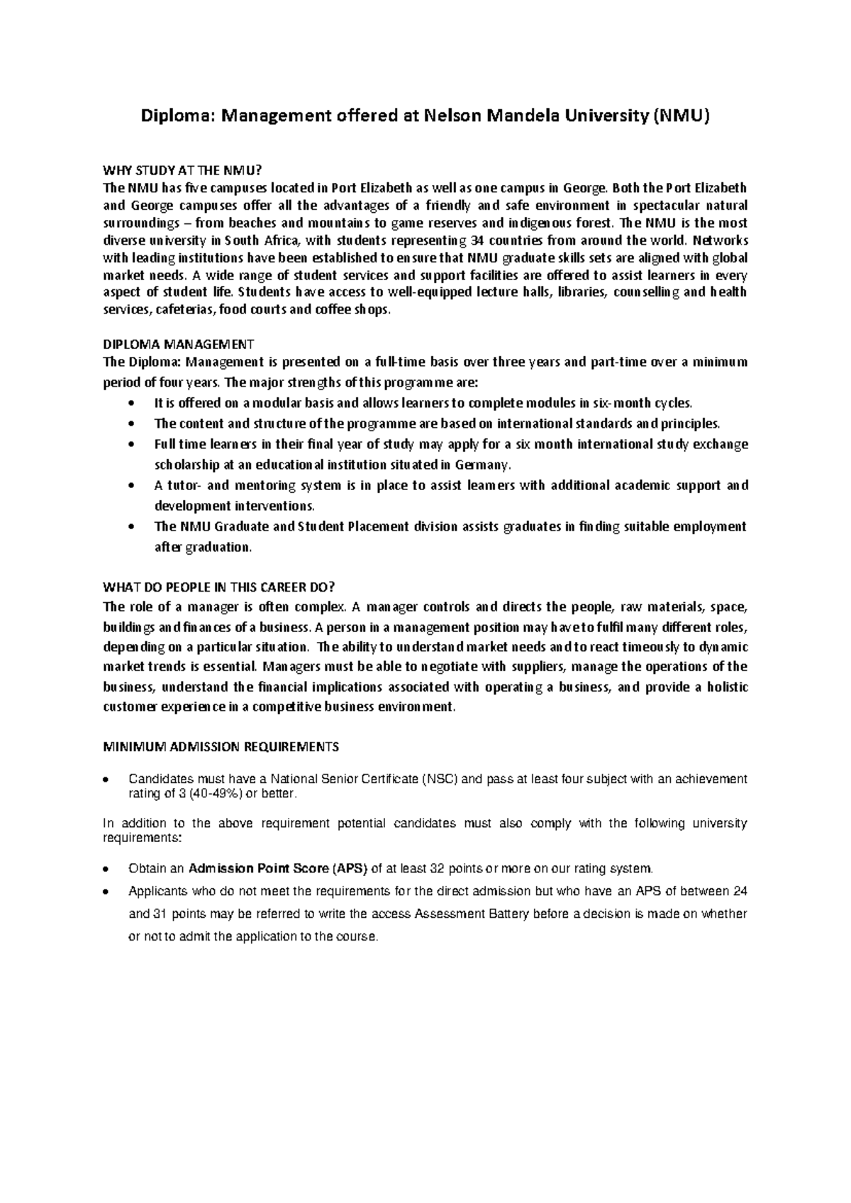 Diploma in Management Overview at NMU - 2019 Edition - Studocu