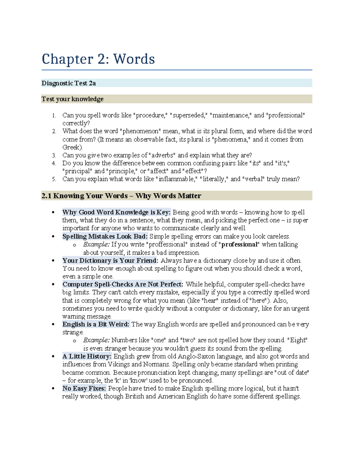 Chapter 2: Words Diagnostic Test 2a - Enhancing Your Vocabulary Skills ...