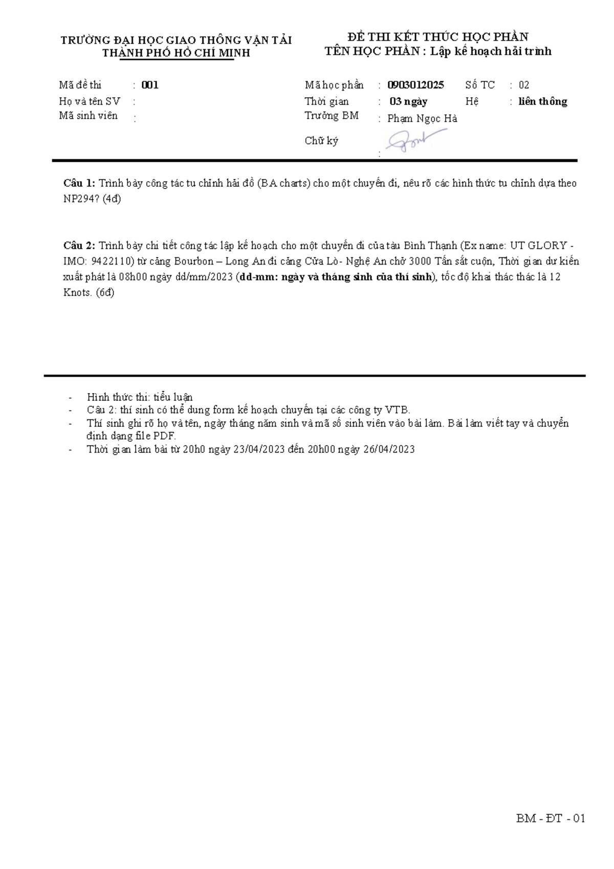 ĐỀ THI KẾT THÚC HỌC PHẦN LẬP KẾ HOẠCH HẢI TRÌNH HH22 LT-TC - Studocu