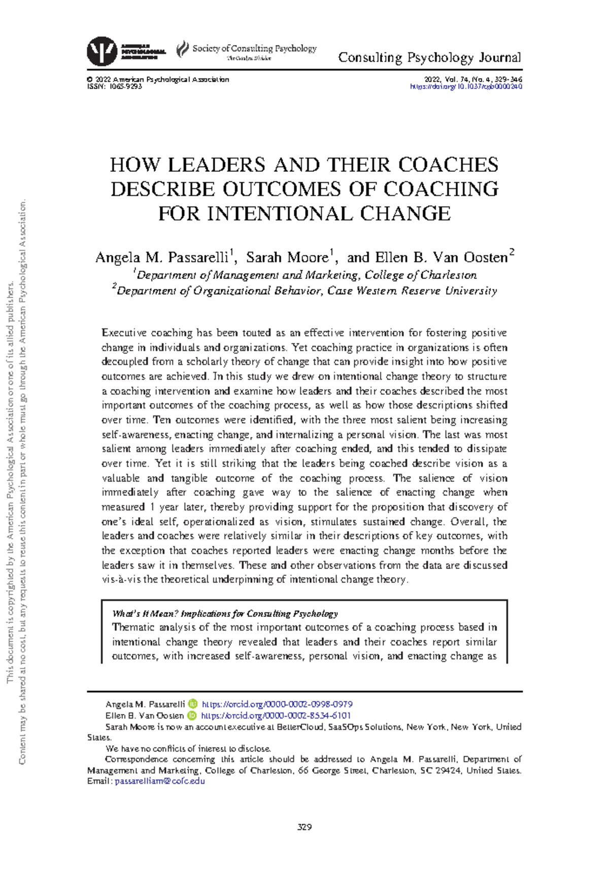 Outcomes of Executive Coaching for Intentional Change: Insights and ...