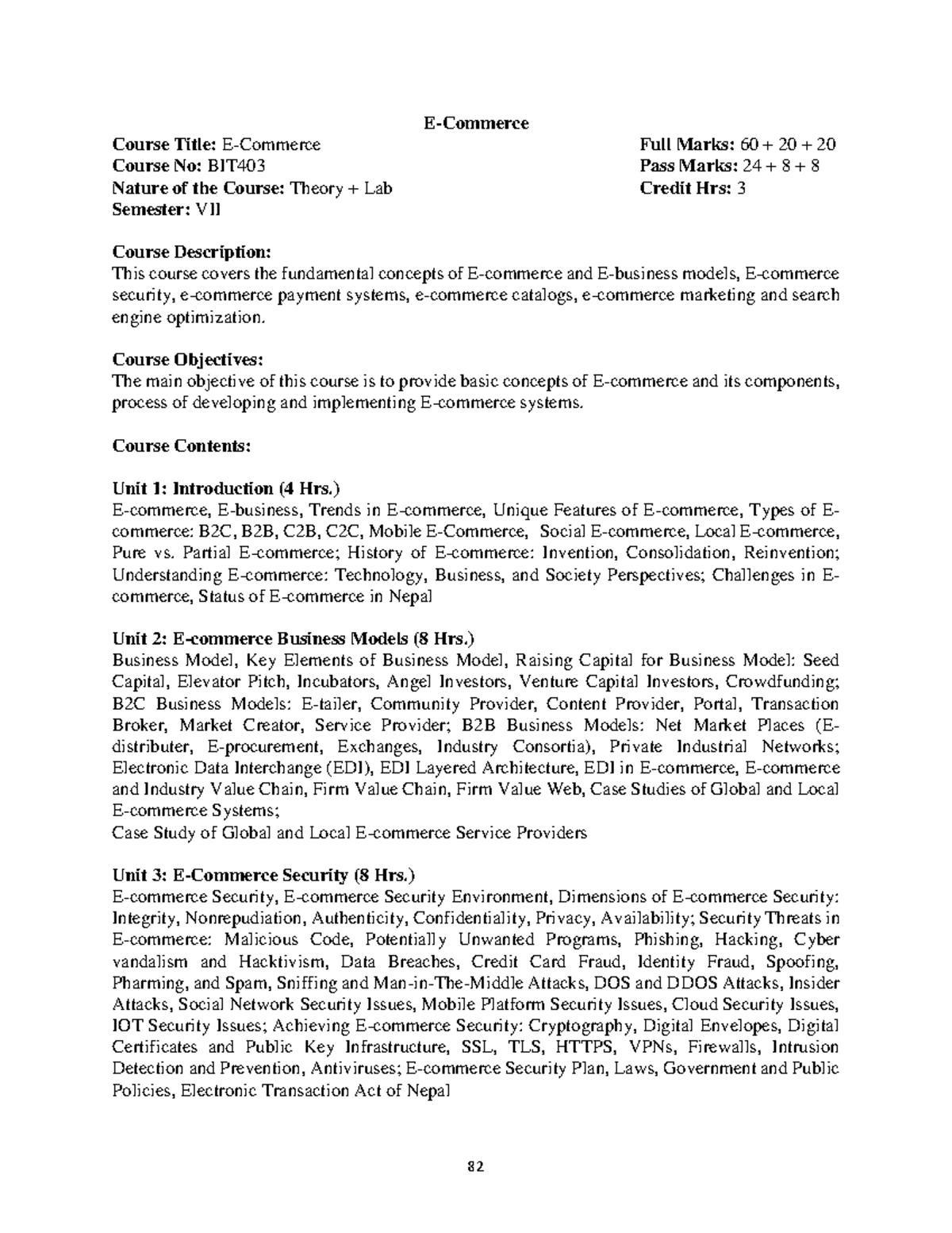 BIT 403 E-Commerce Course Syllabus and Outline for Semester VII - Studocu