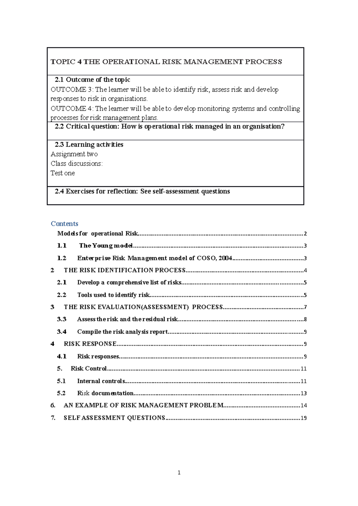Topic 4 Operational RISK Management Process 2 - TOPIC 4 THE OPERATIONAL ...