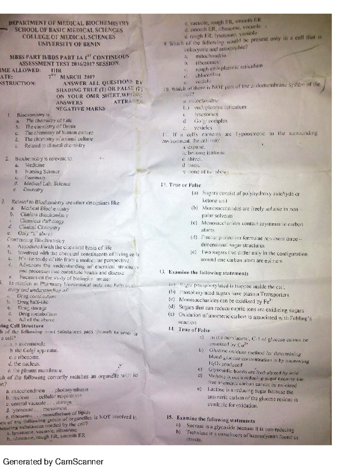 MBC 1ST CONTINUOUS ASSESSMENT TEST - MCQs on Medical Biochemistry - Studocu