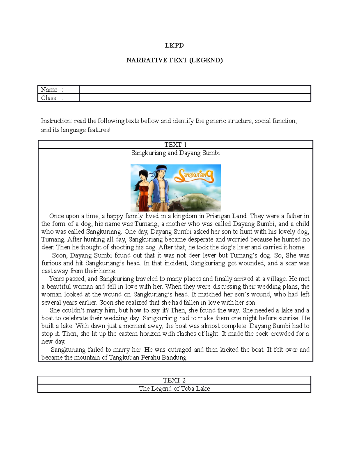 LKPD 1: Analyzing Narrative Texts of Legends and Their Structures - Studocu