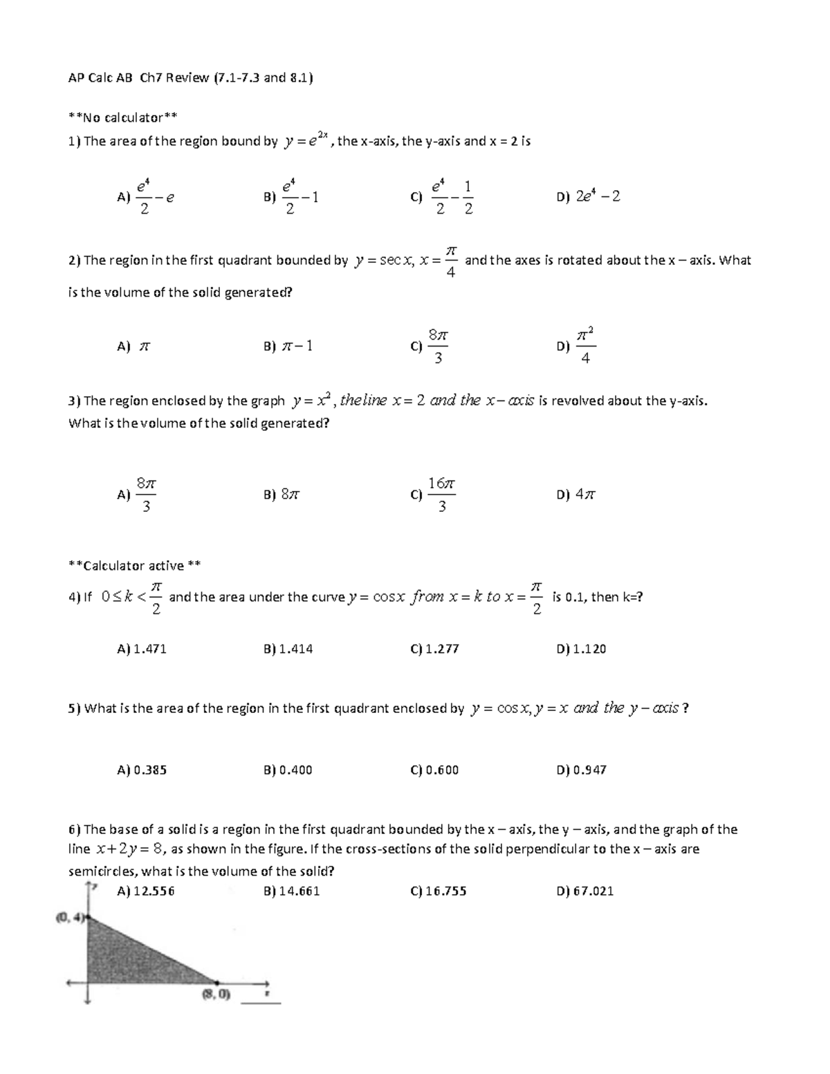 AP Calc AB Ch7.1-7.3 & 8.1 Review Questions and Solutions - Studocu
