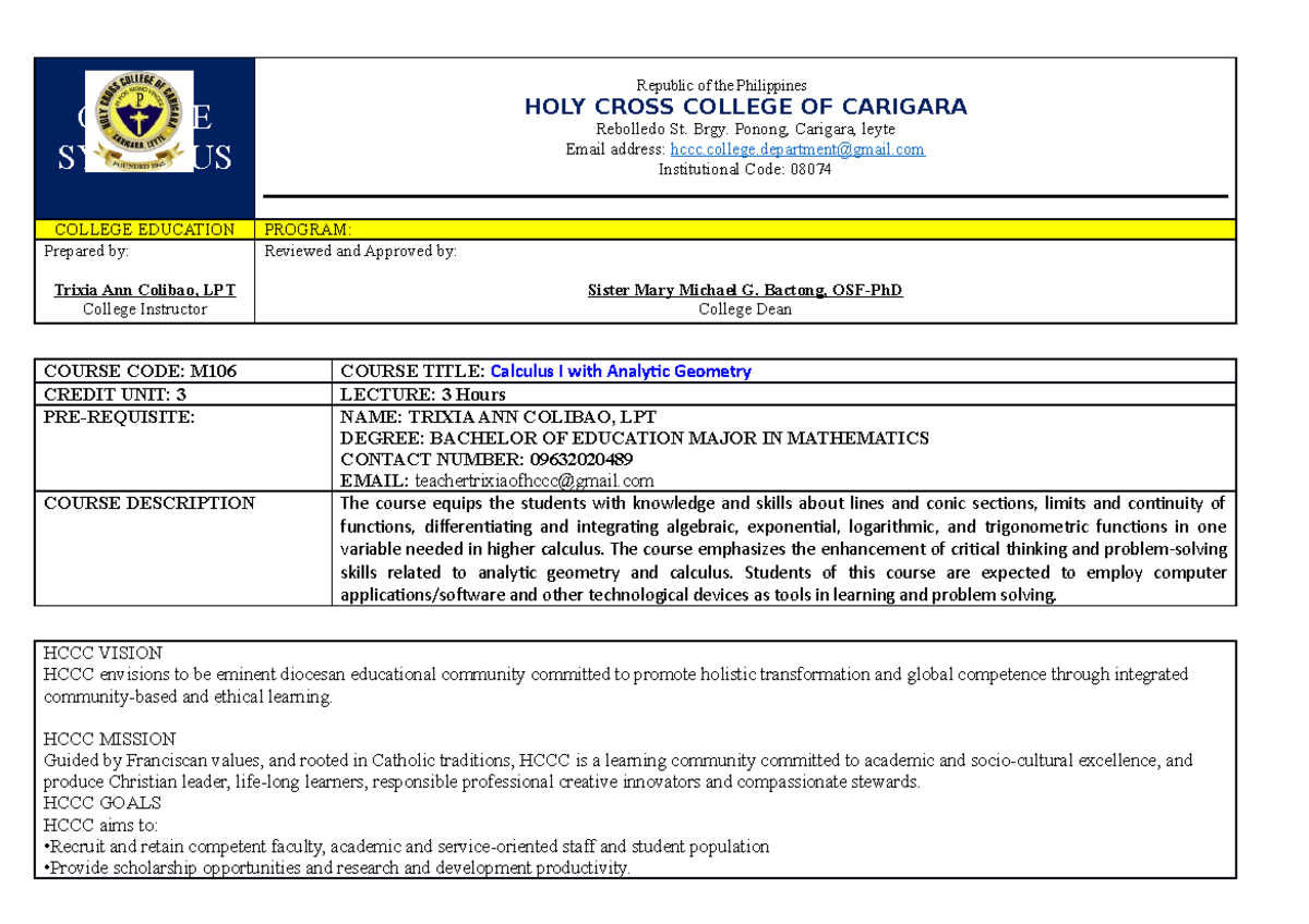 Calculus I (M106) with Analytic Geometry: Course Syllabus Overview - Studocu