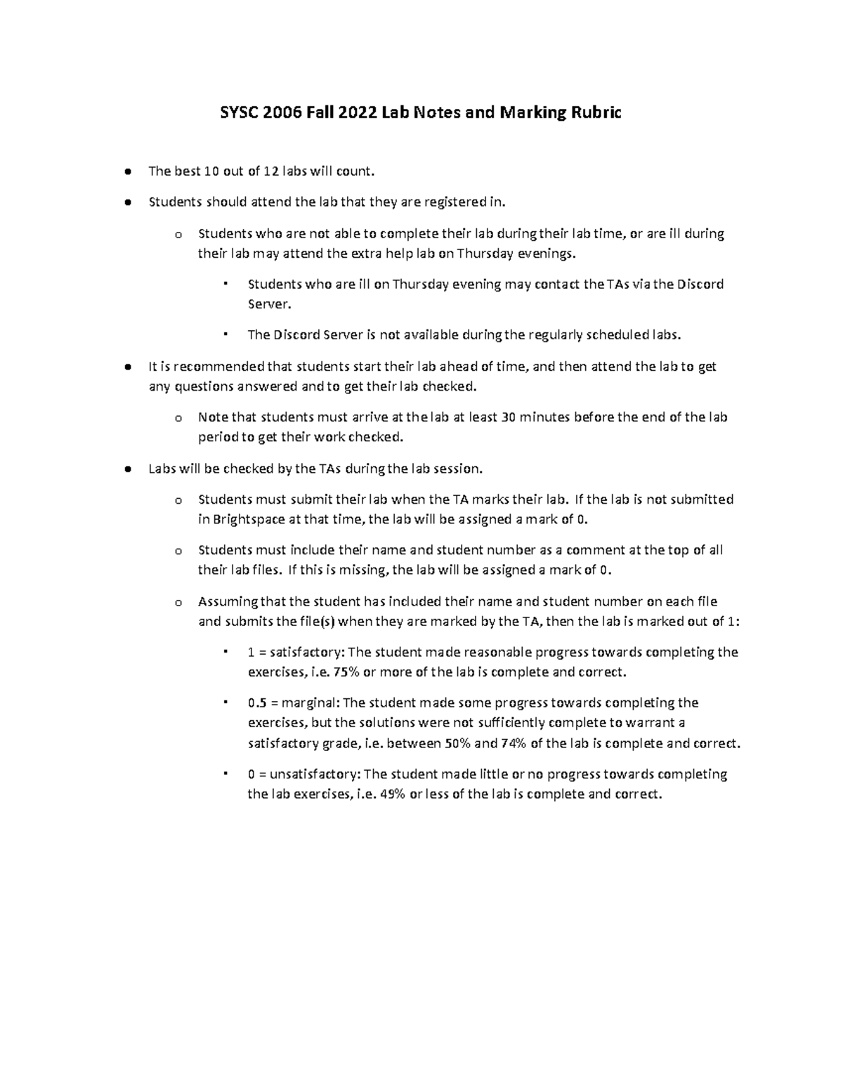 SYSC 2006 Fall 2022 Lab Notes & Grading Rubric Overview - Studocu