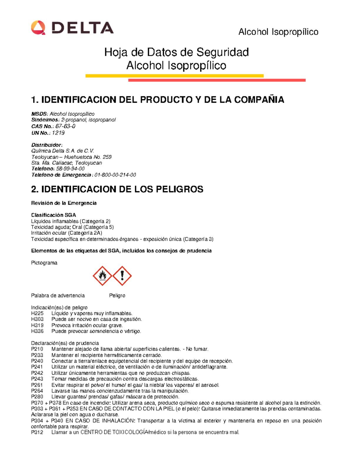 Hoja de Datos de Seguridad (SDS) para Alcohol Isopropílico 010700 GR ...