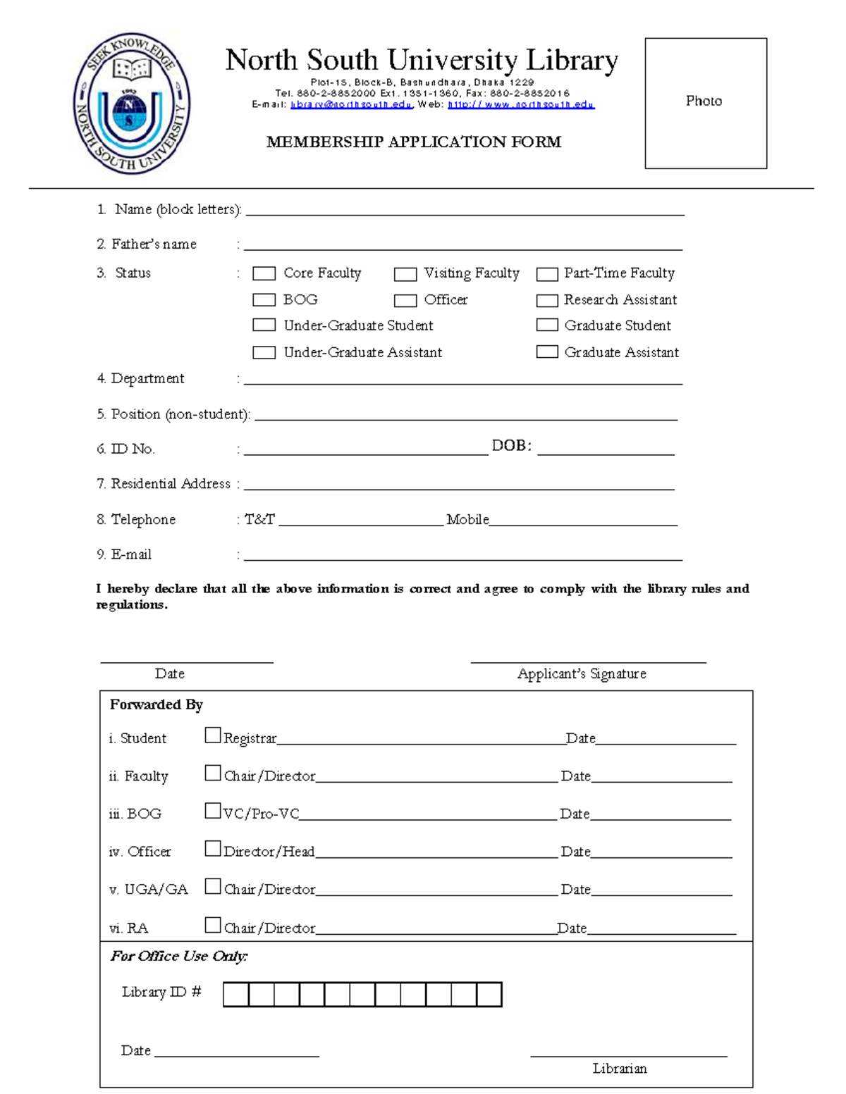 North South University Library Membership Application Form - Studocu