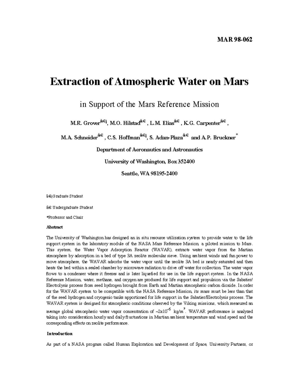 WAVAR: Atmospheric Water Extraction for NASA Mars Reference Mission ...
