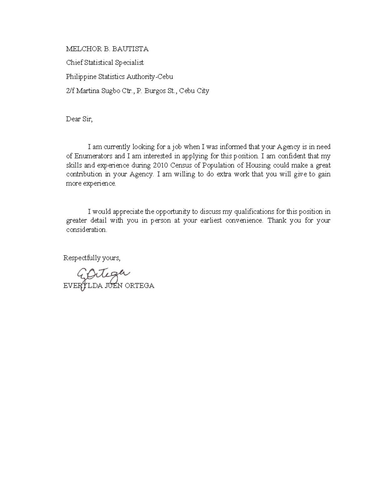 Application Letter for Enumerator Position - Melchor B. Bautista - Studocu