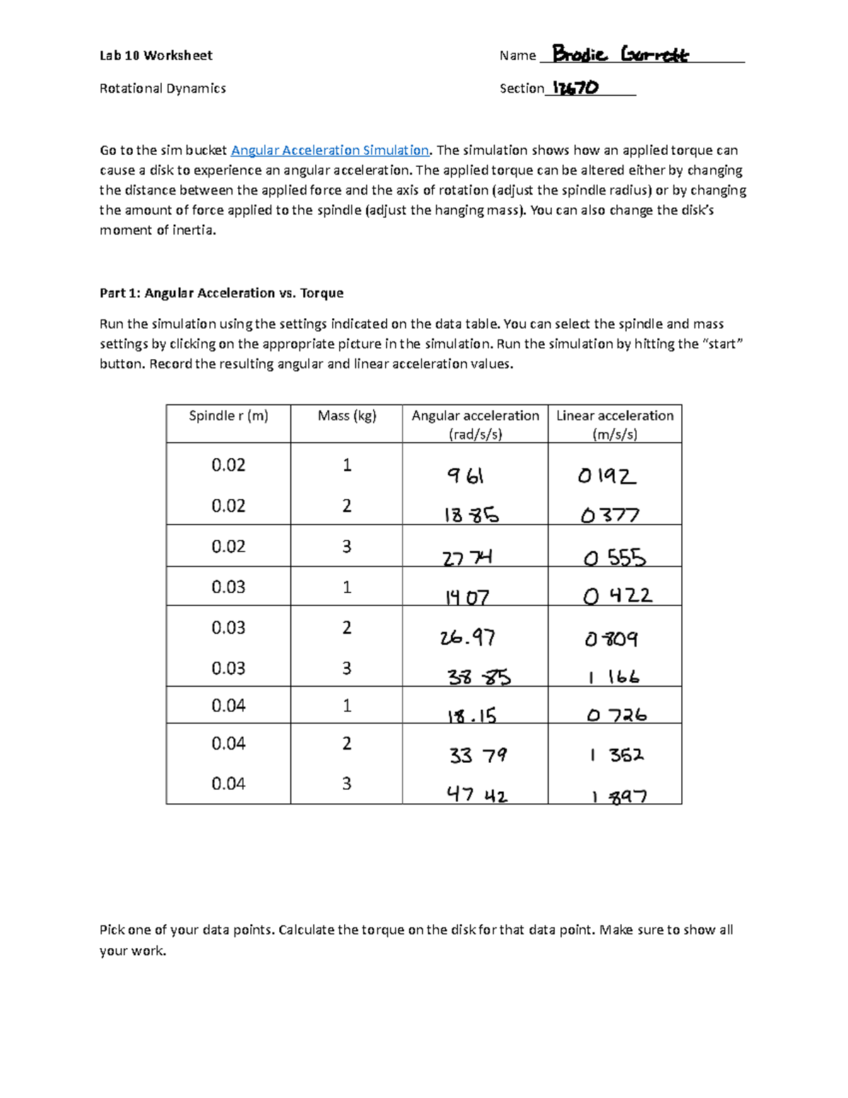 PHY111 Lab 10: Angular Acceleration and Torque Exploration Worksheet ...