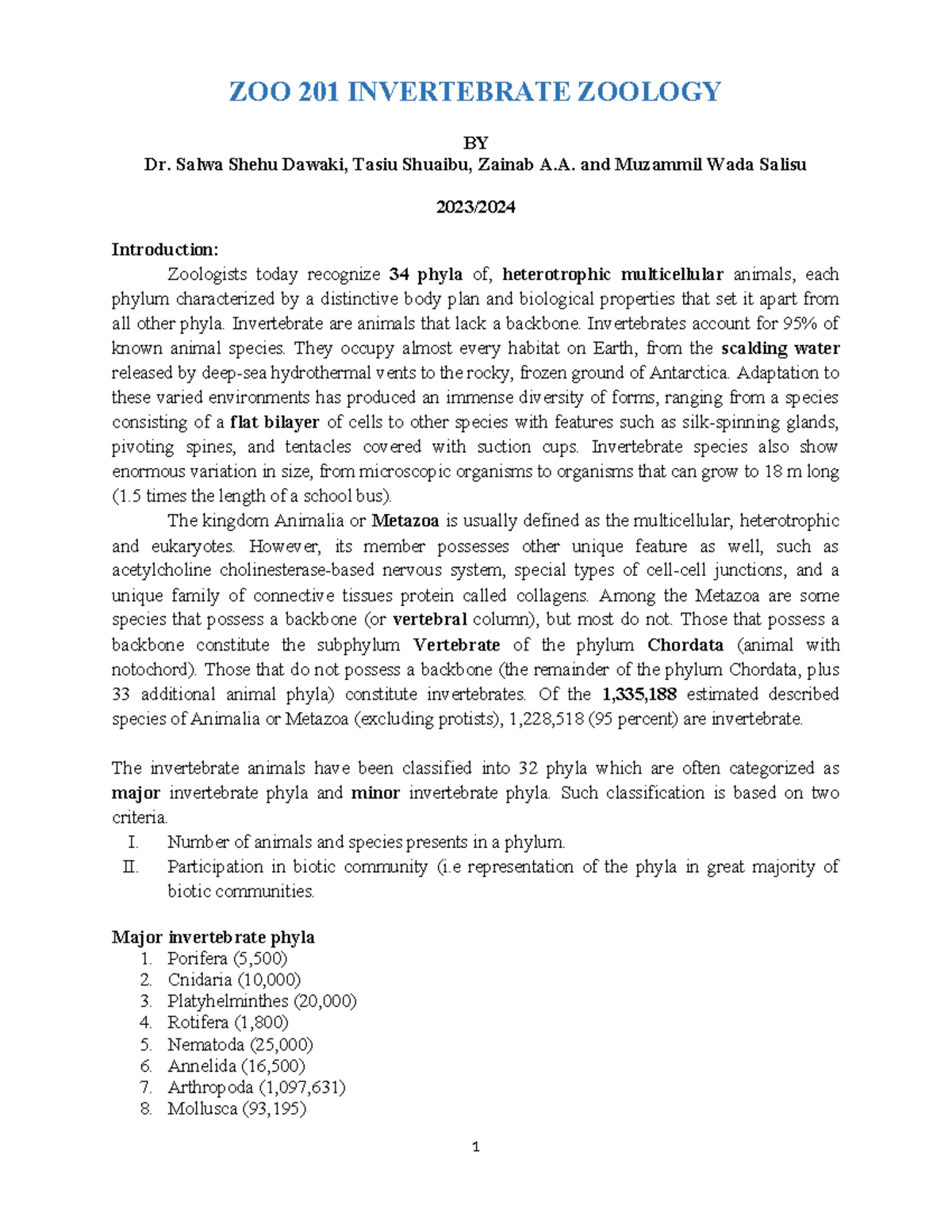 ZOO 201 2024-1 - Comprehensive Notes on Invertebrate Zoology - Studocu