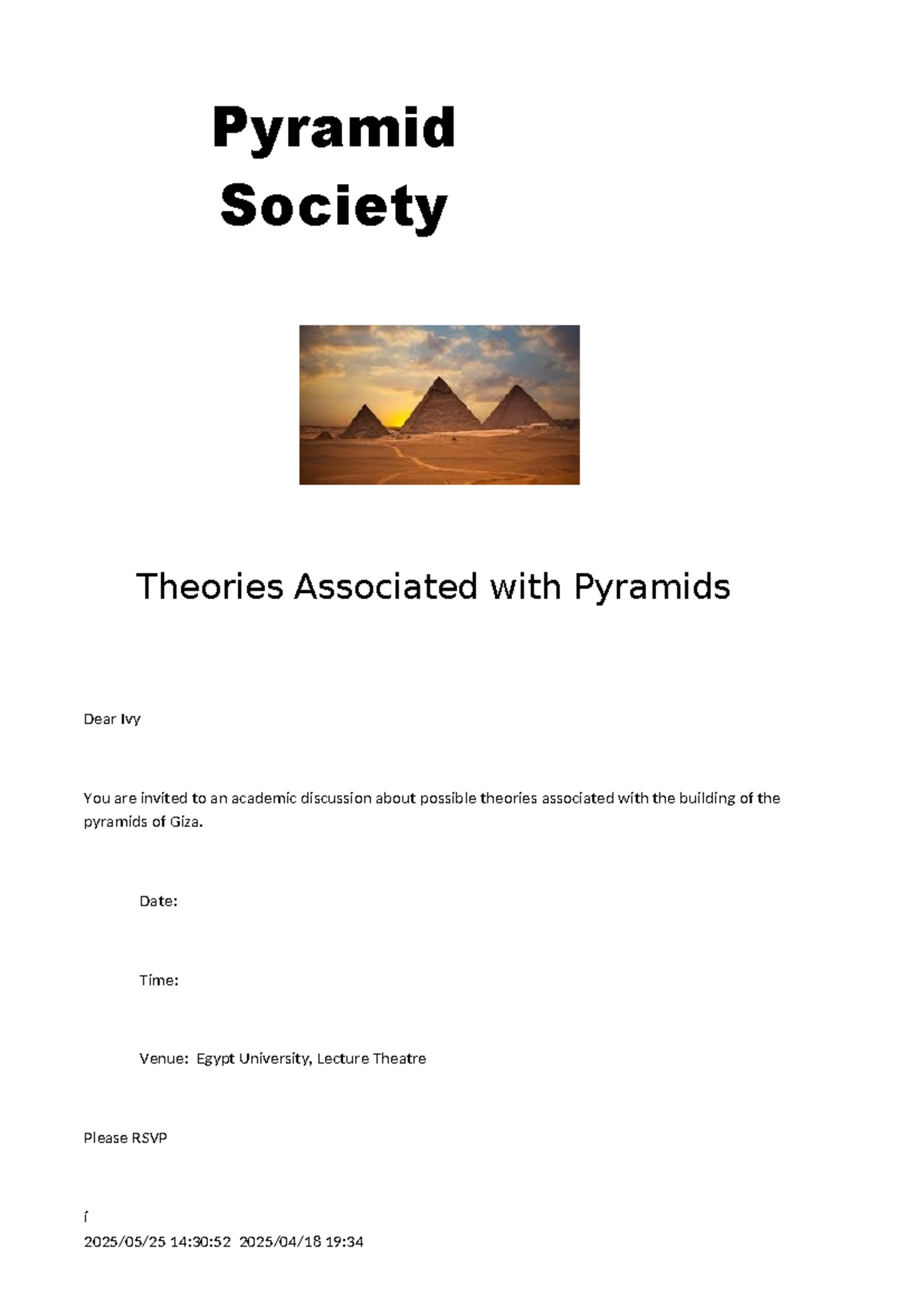 Pyramid Society Theories: Academic Discussion Invitation at Egypt Uni ...