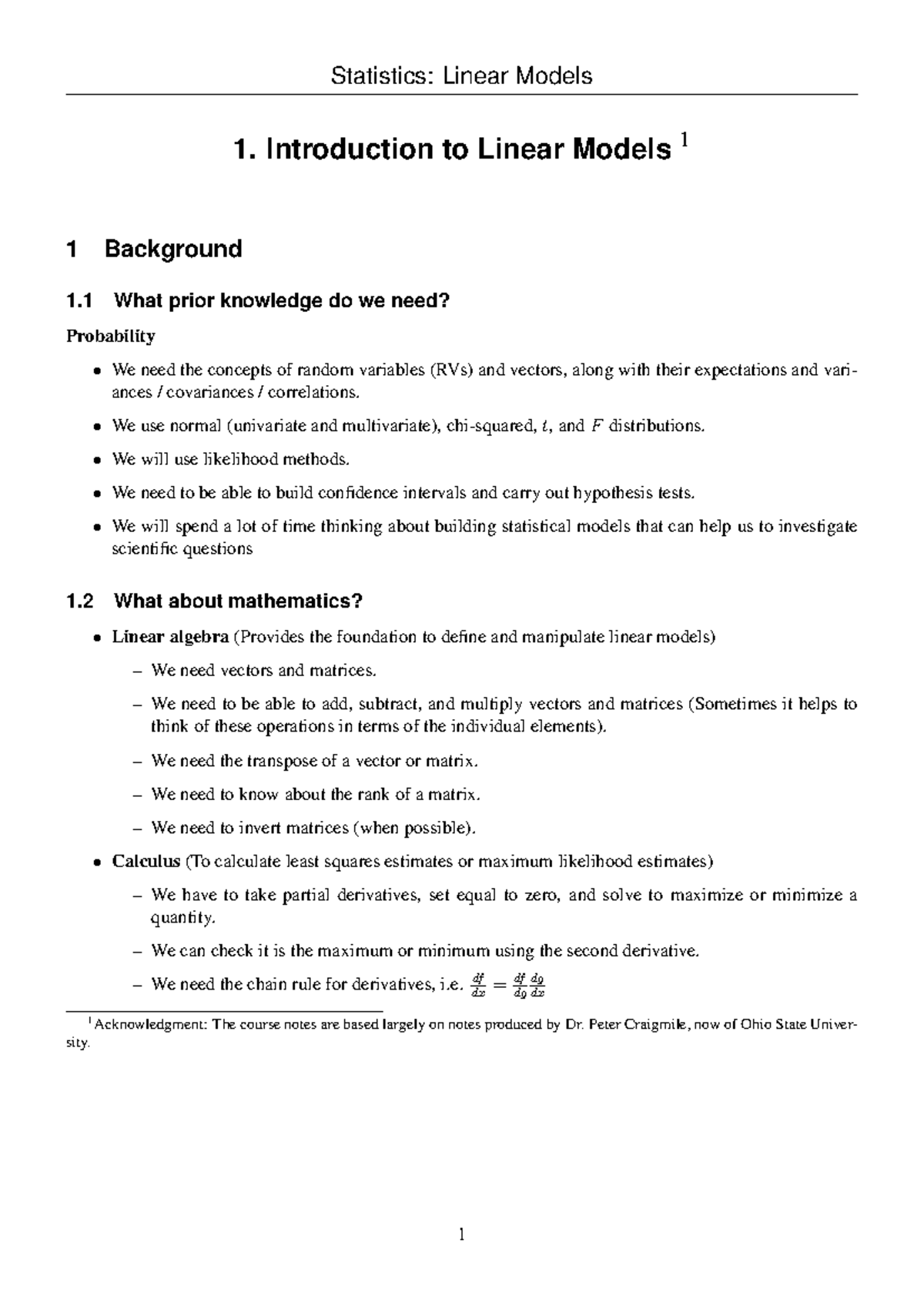Intro notes 2019 - Statistics: Linear Models 1. Introduction to Linear ...