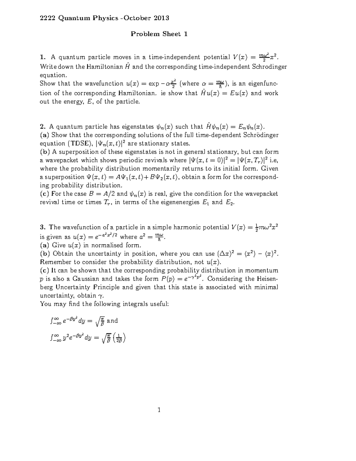 Quantum Physics 2013 Problem Sheet 1: Hamiltonian & Wavefunctions - Studocu