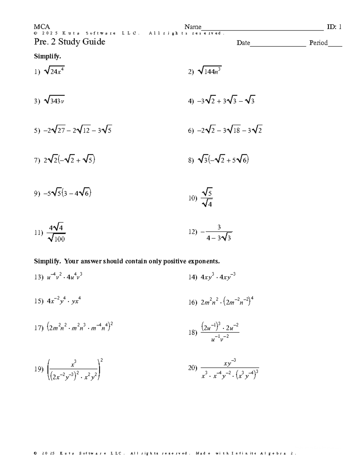 Infinite Algebra 2 - Pre. 2 Simplification Study Guide - Studocu