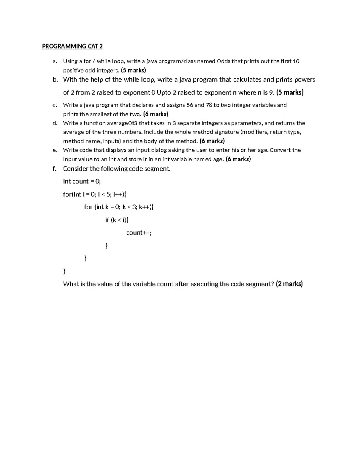Programming CAT 2 - Test on Java loops and functions - Studocu