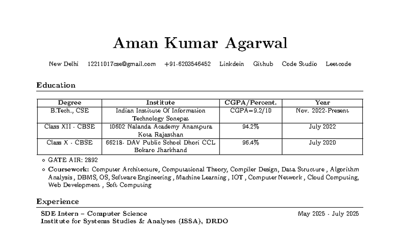 Aman Kumar Agarwal Resume - B.Tech CSE Graduate & SDE Intern - Studocu