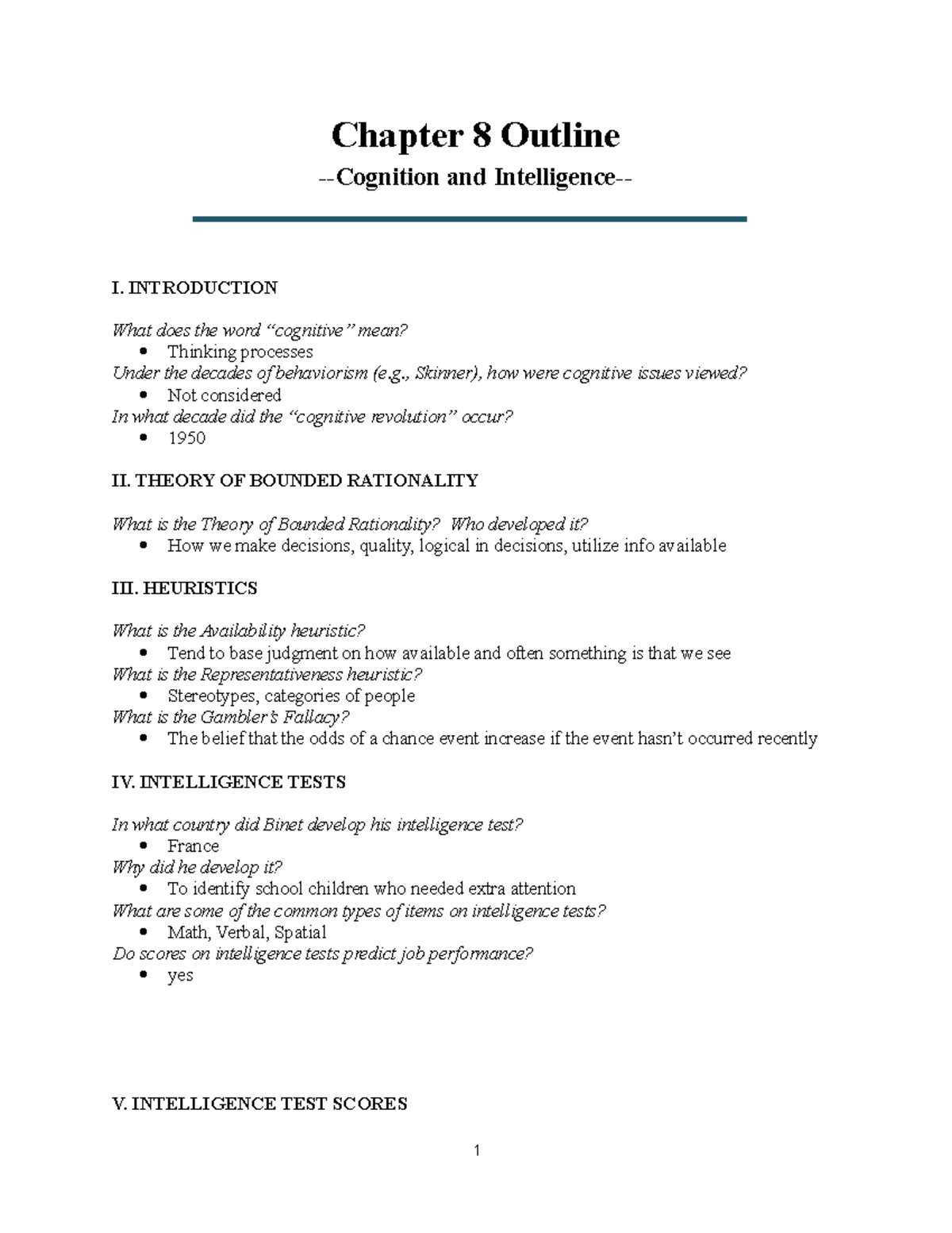 Chapter 8 Study Guide (Exam 2) - Chapter 8 Outline -Cognition and ...
