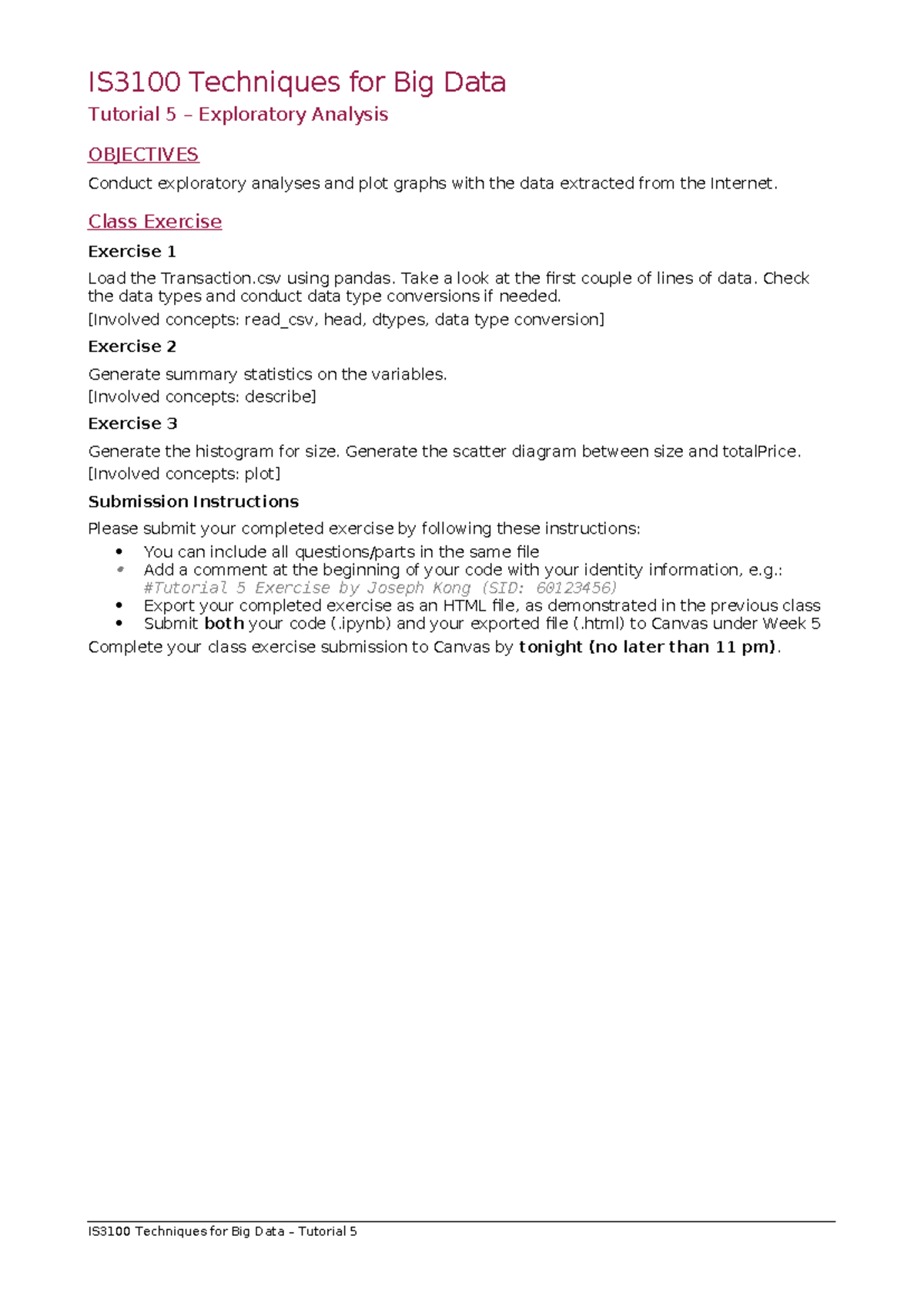 IS3100 Tutorial 5: Exploratory Data Analysis Techniques - Studocu