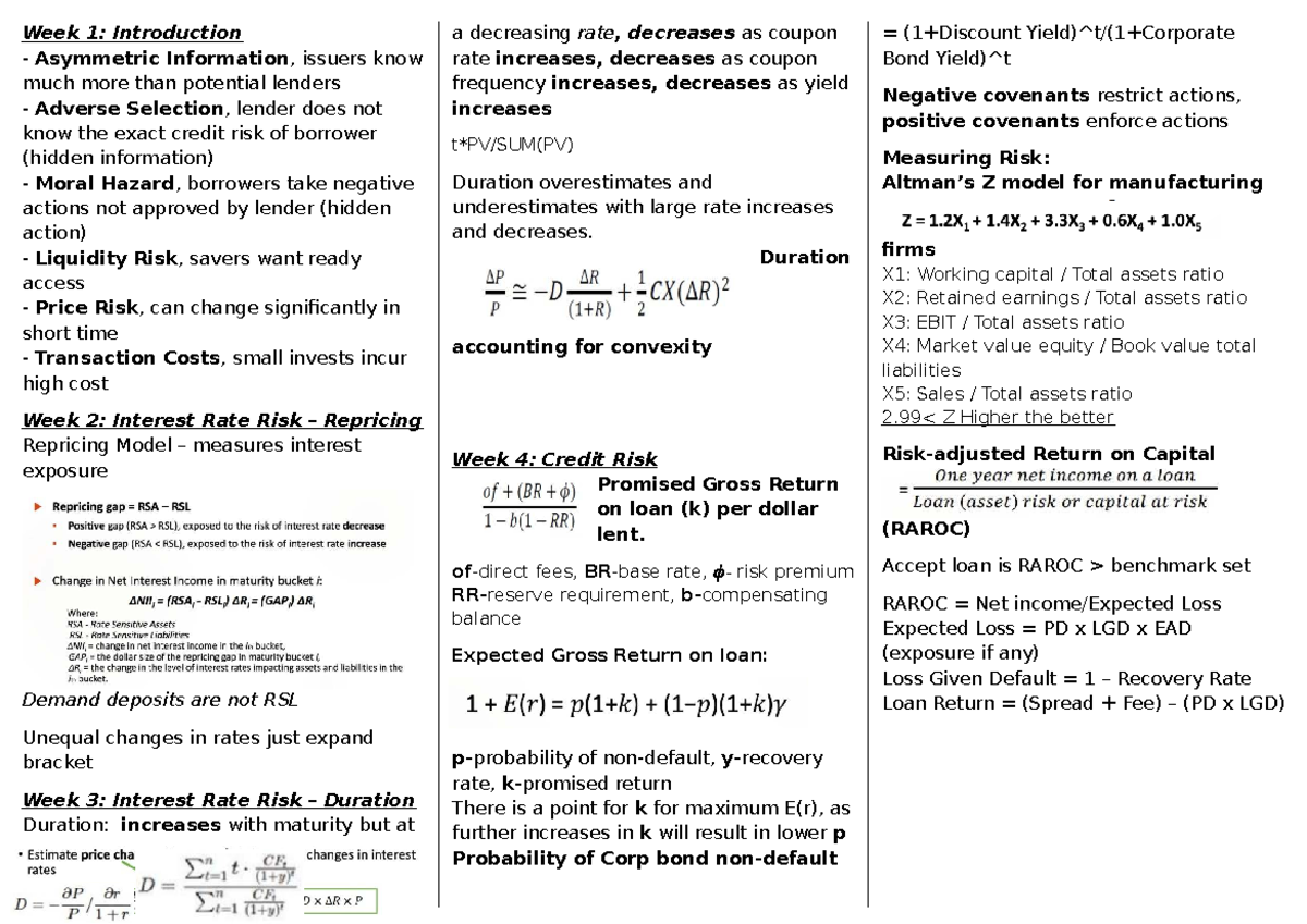 FINS3630 Formula Sheet: Key Concepts in Risk Management and Analysis ...