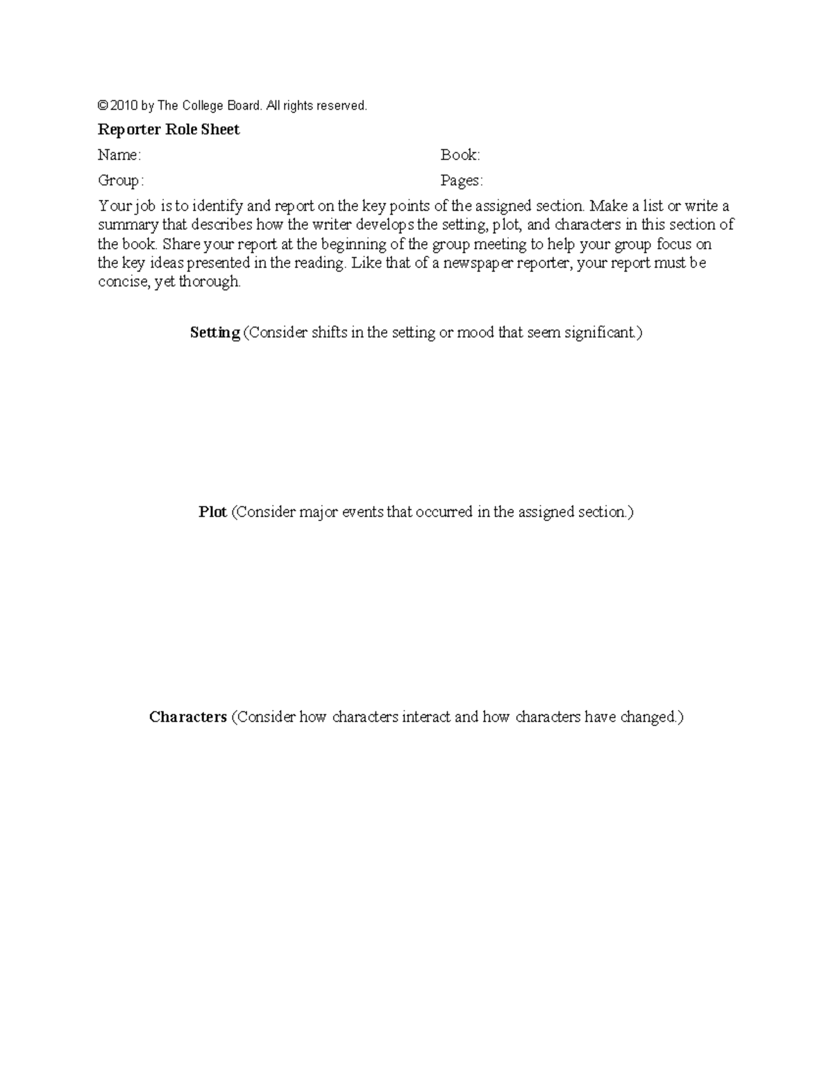 Reporter Role Sheet for Lit Circle: Key Points Summary - Studocu