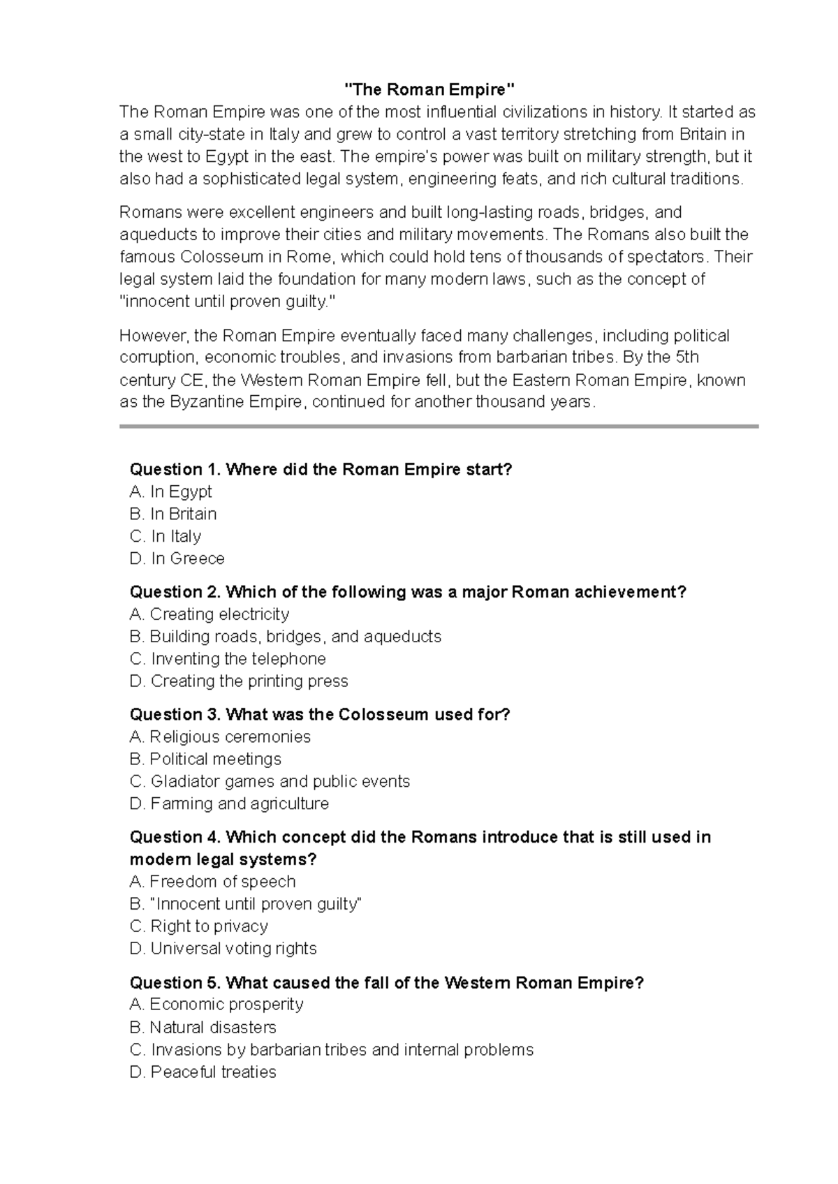 Roman Empire Overview and Quiz - Reading Tieng Anh - Studocu