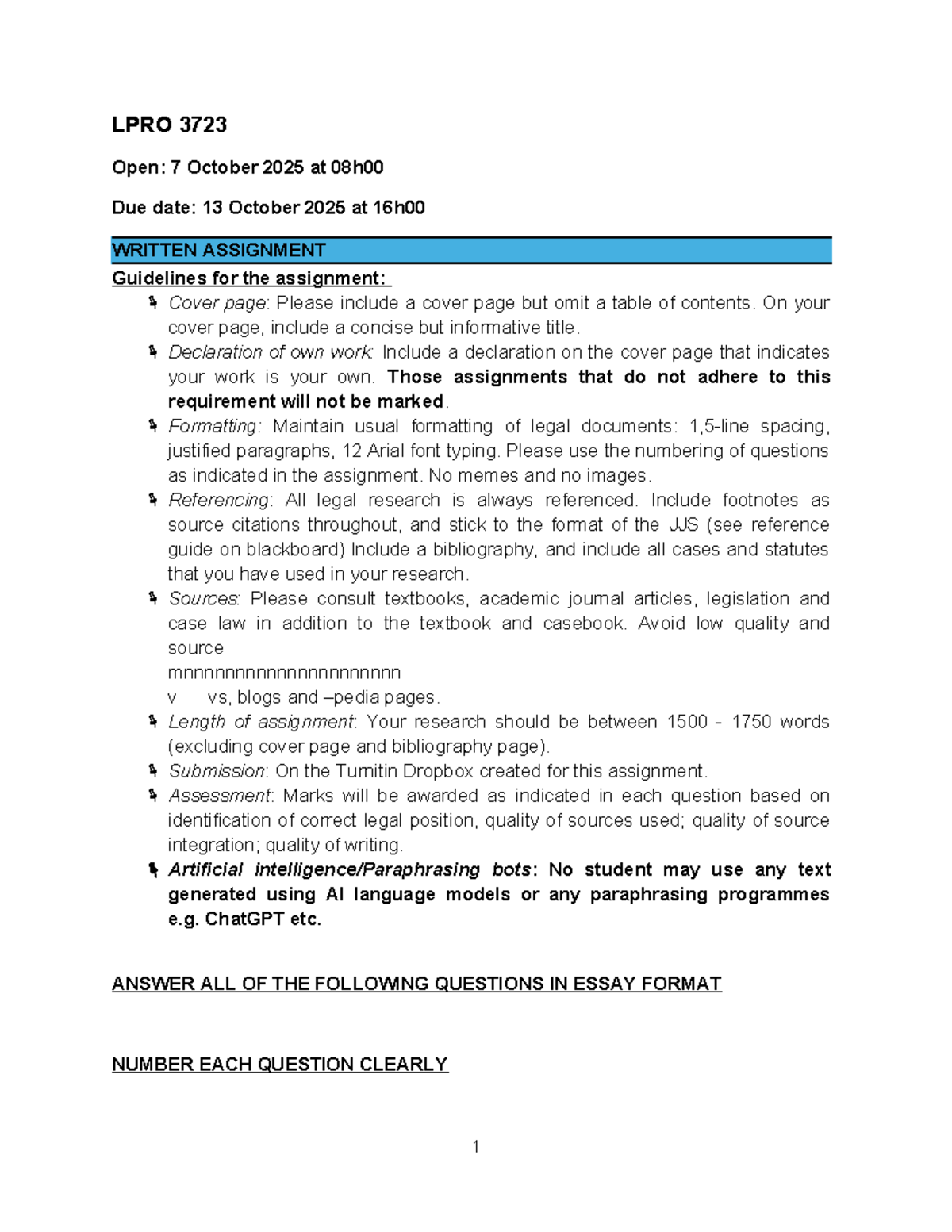 LPRO 3723 Written Assignment Guidelines and Legal Analysis 2025 - Studocu