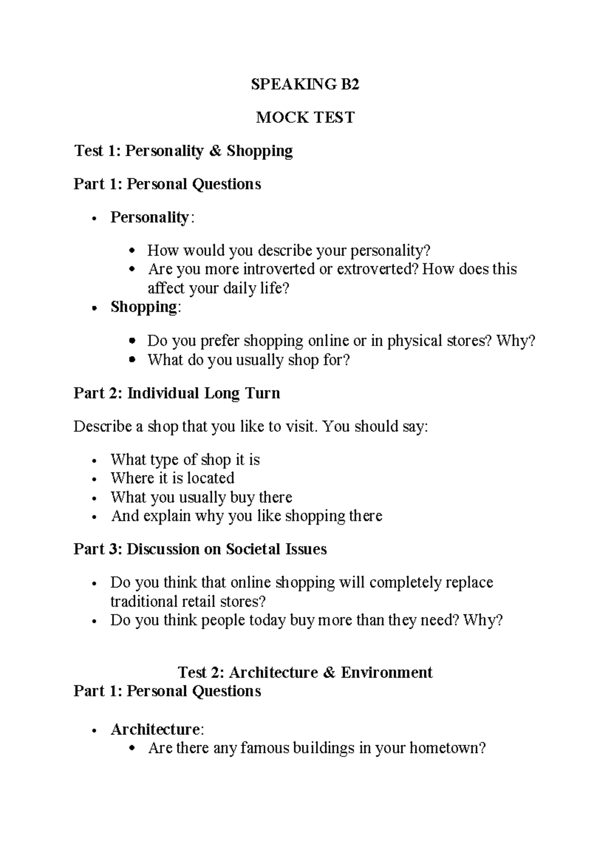 Mock Test B2 Speaking: Personality, Shopping, Environment ...