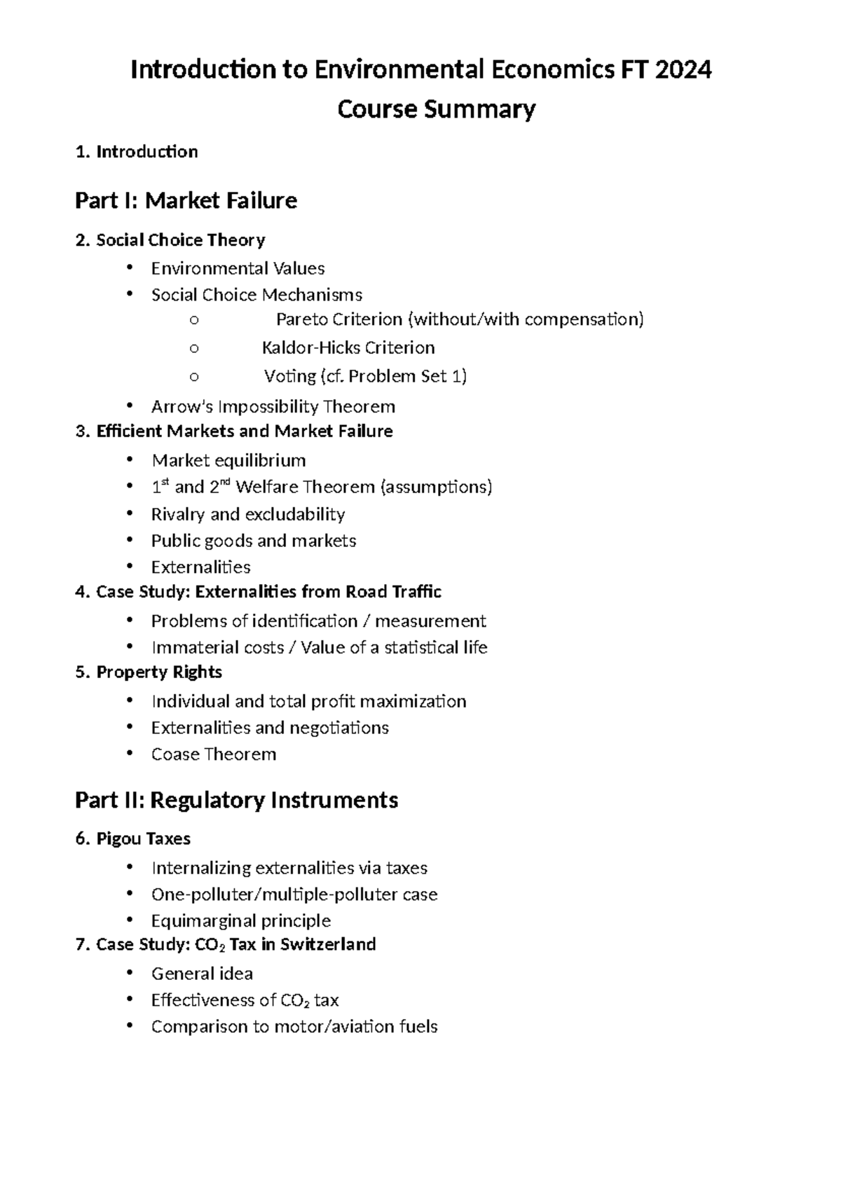 Course Summary Env Econ FT2024 - Introduction to Environmental ...