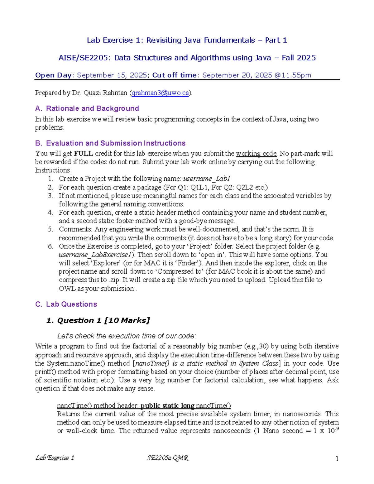 Lab Exercise 1: Java Fundamentals & Data Structures SE2205a Fall 2025 ...
