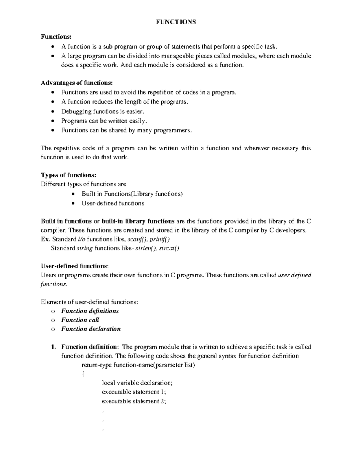 C Programming - Module 3: Functions Overview and Key Concepts - Studocu