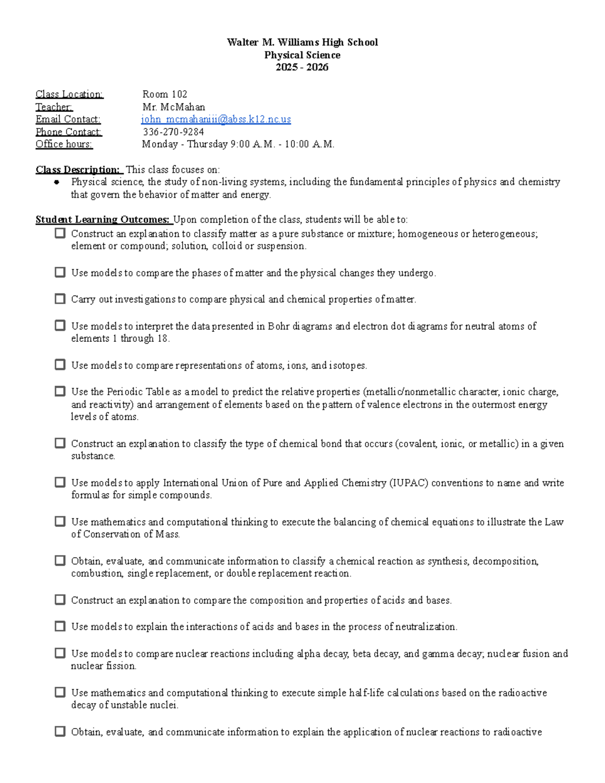 Physical Science Syllabus 2025-2026: Course Overview & Expectations ...