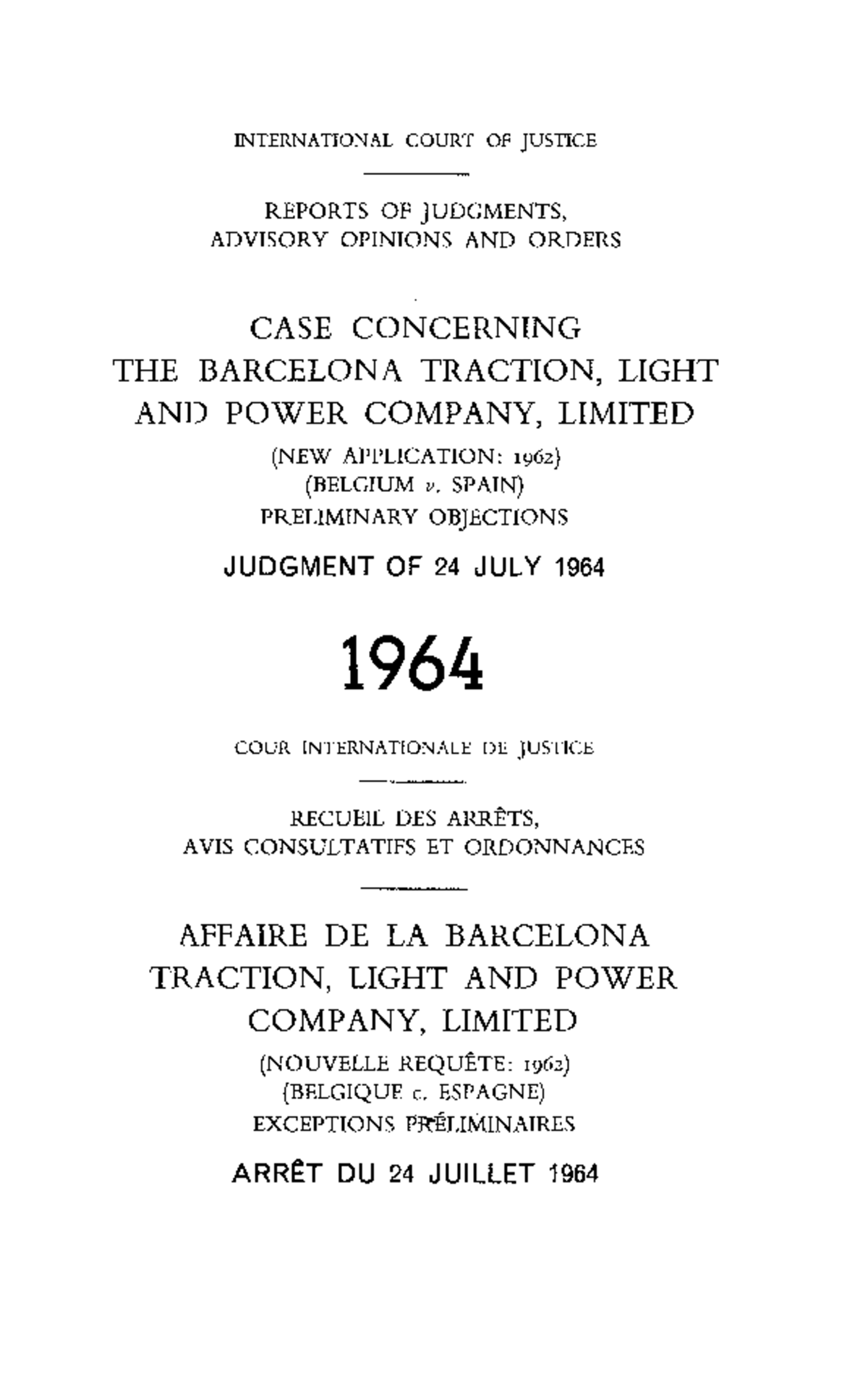 ICJ Judgment on Preliminary Objections: Belgium v. Spain (Barcelona ...