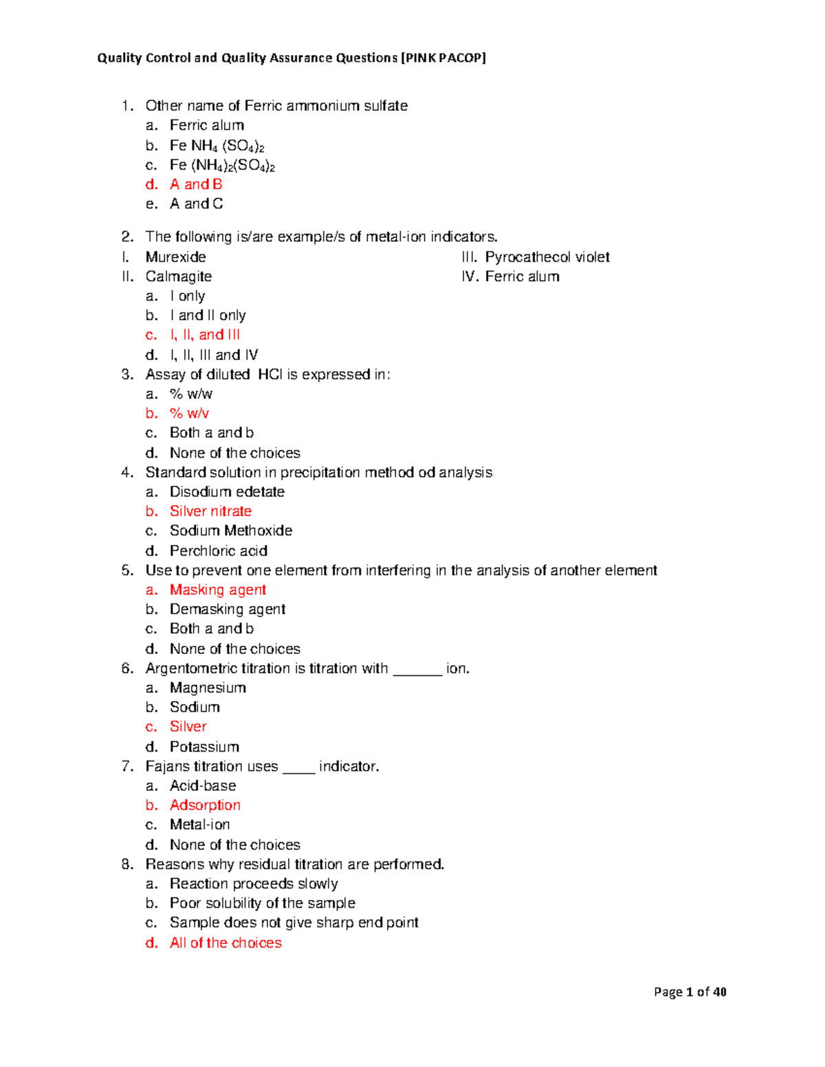 Quality Control and Quality Assurance Questions - Answer Key (PINK ...