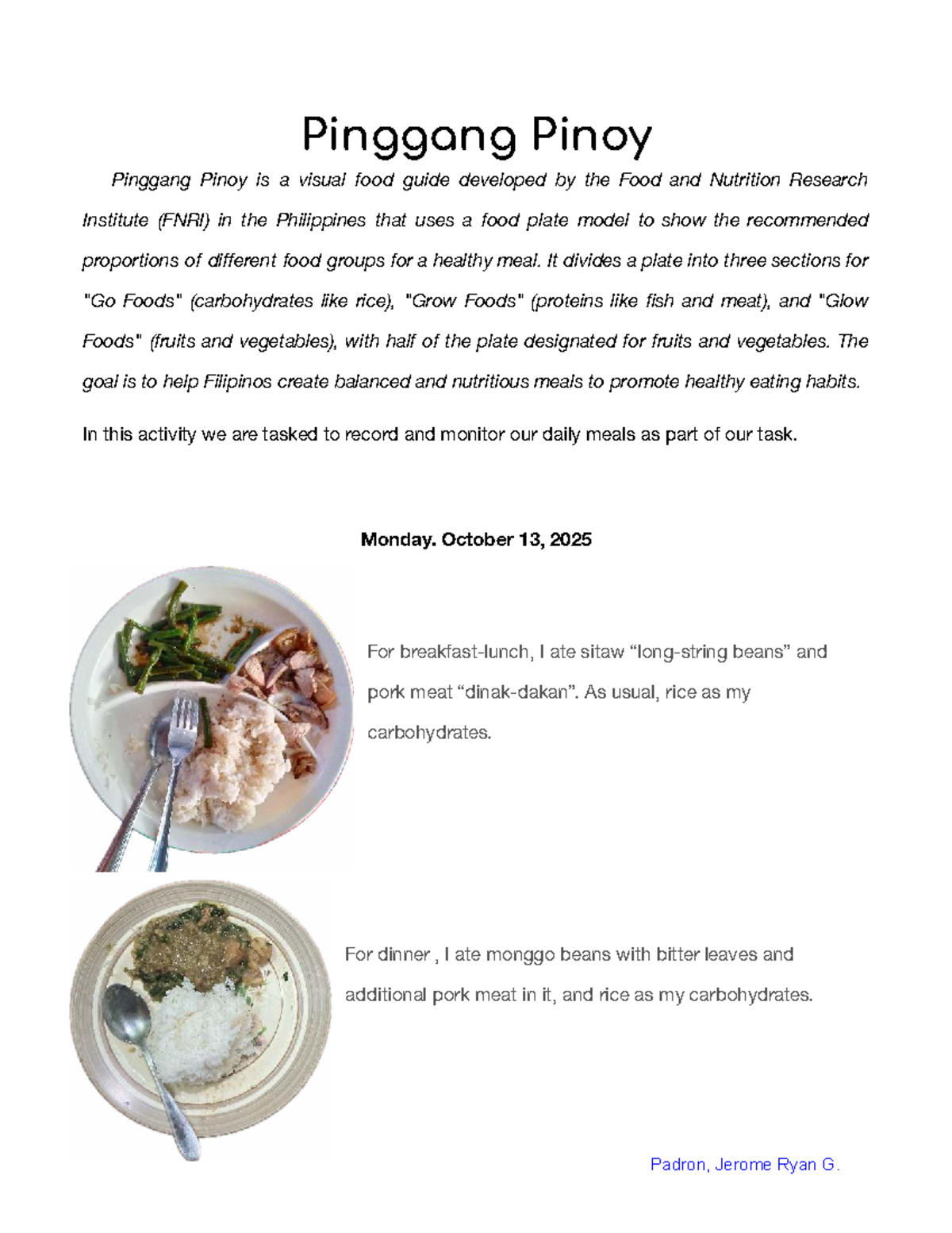 Pinggang Pinoy Meal Tracking for FNRI Health Guide - Studocu