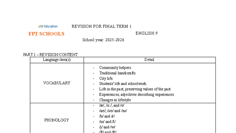 Revision for Final Exam: English 9 - FPT Schools - Studocu