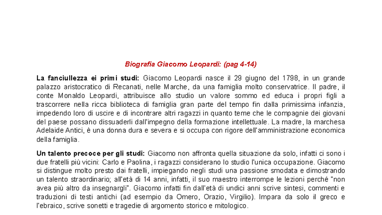 Biografia di Giacomo Leopardi: Vita e Opere (1798-1837) - Studocu