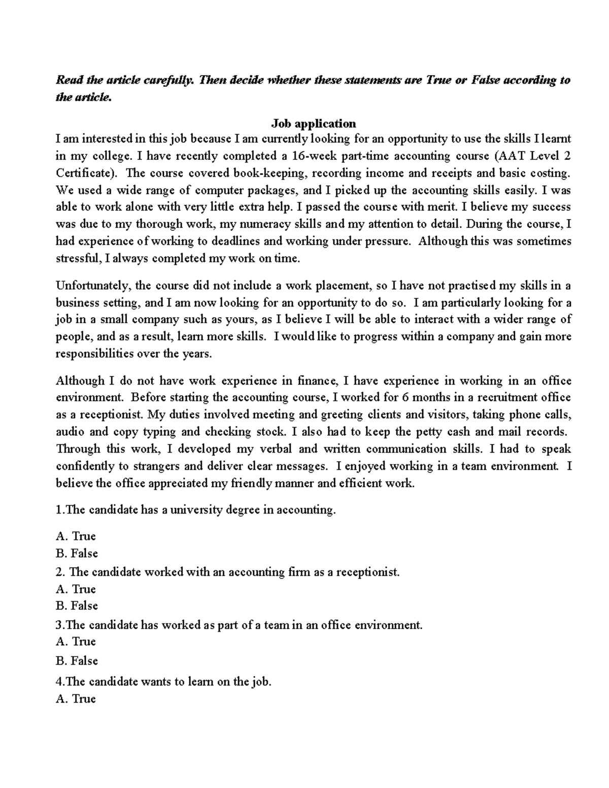 Reading Test 2: True or False Statements Analysis (03246) - Studocu