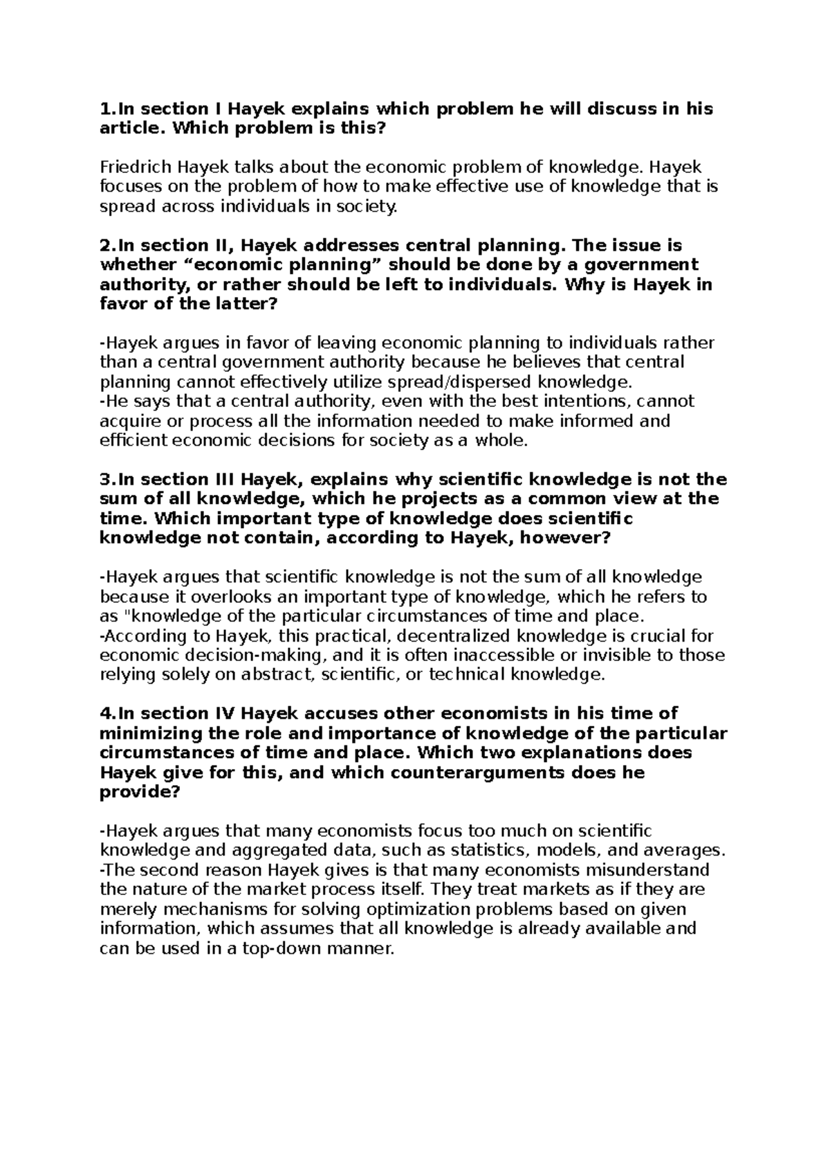 Hayek's Insights on Knowledge and Economic Planning: Analysis - Studeersnel