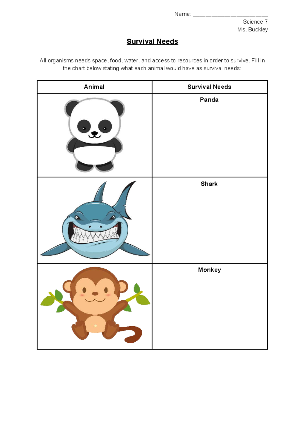 Survival needs - activity - Name: ________________________ Science 7 Ms ...