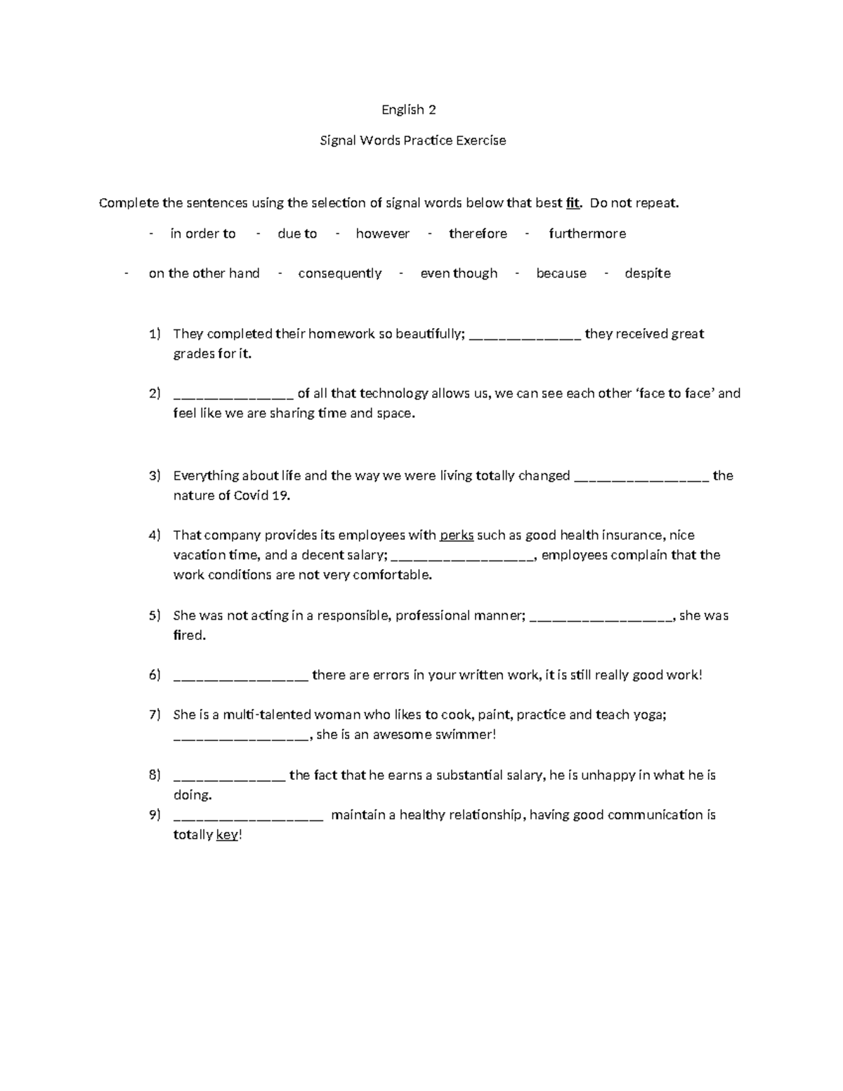 303 - Signal Words Practice Exercises for English 2 - Studocu