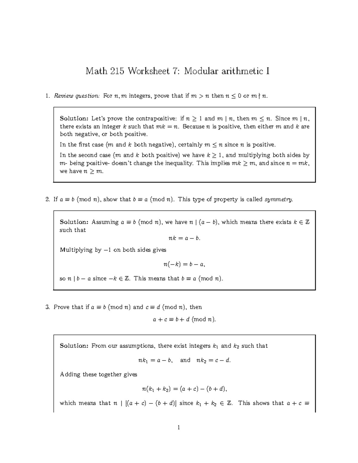 Worksheet #7 - Math 215 Worksheet 7: Modular arithmetic I Review ...