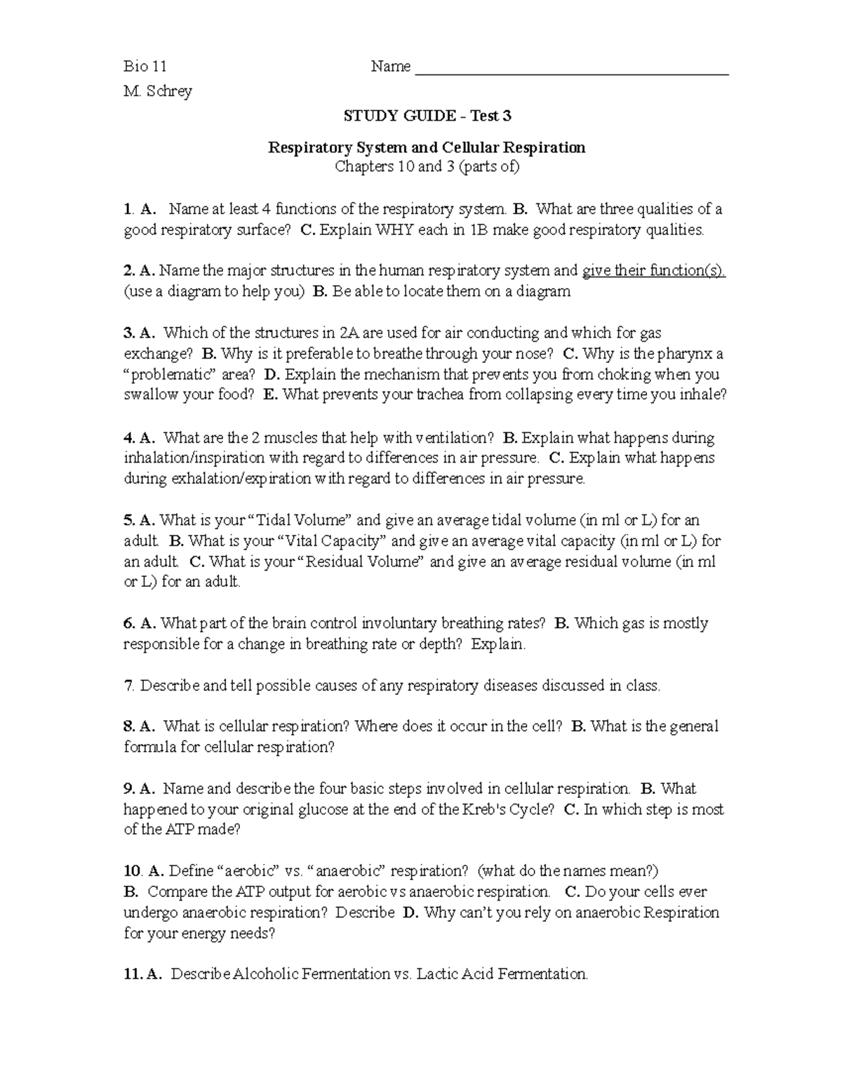 Bio 11 - Exam 3 Study Guide: Respiratory System & Cellular Respiration ...