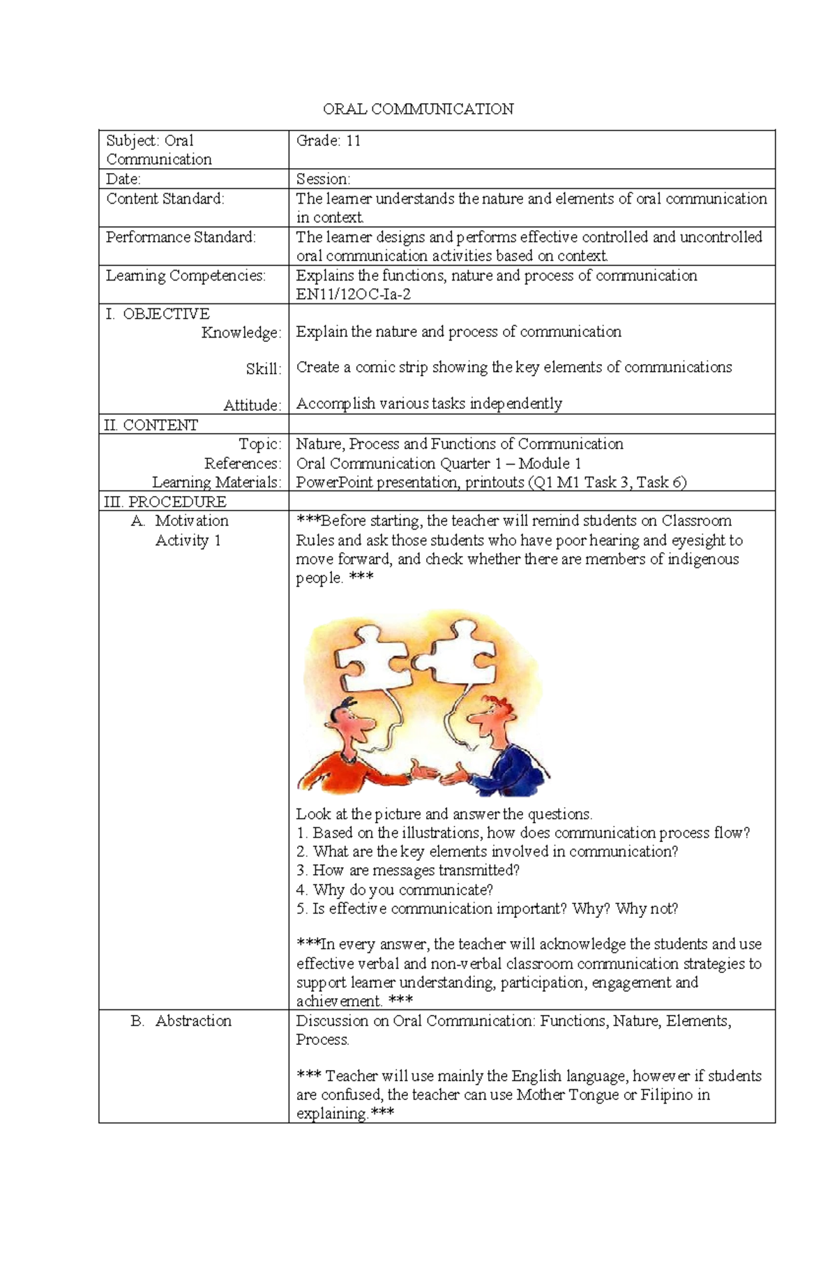 Grade 11 EN11/12OC Module 1: Oral Communication Lesson Plan - Studocu