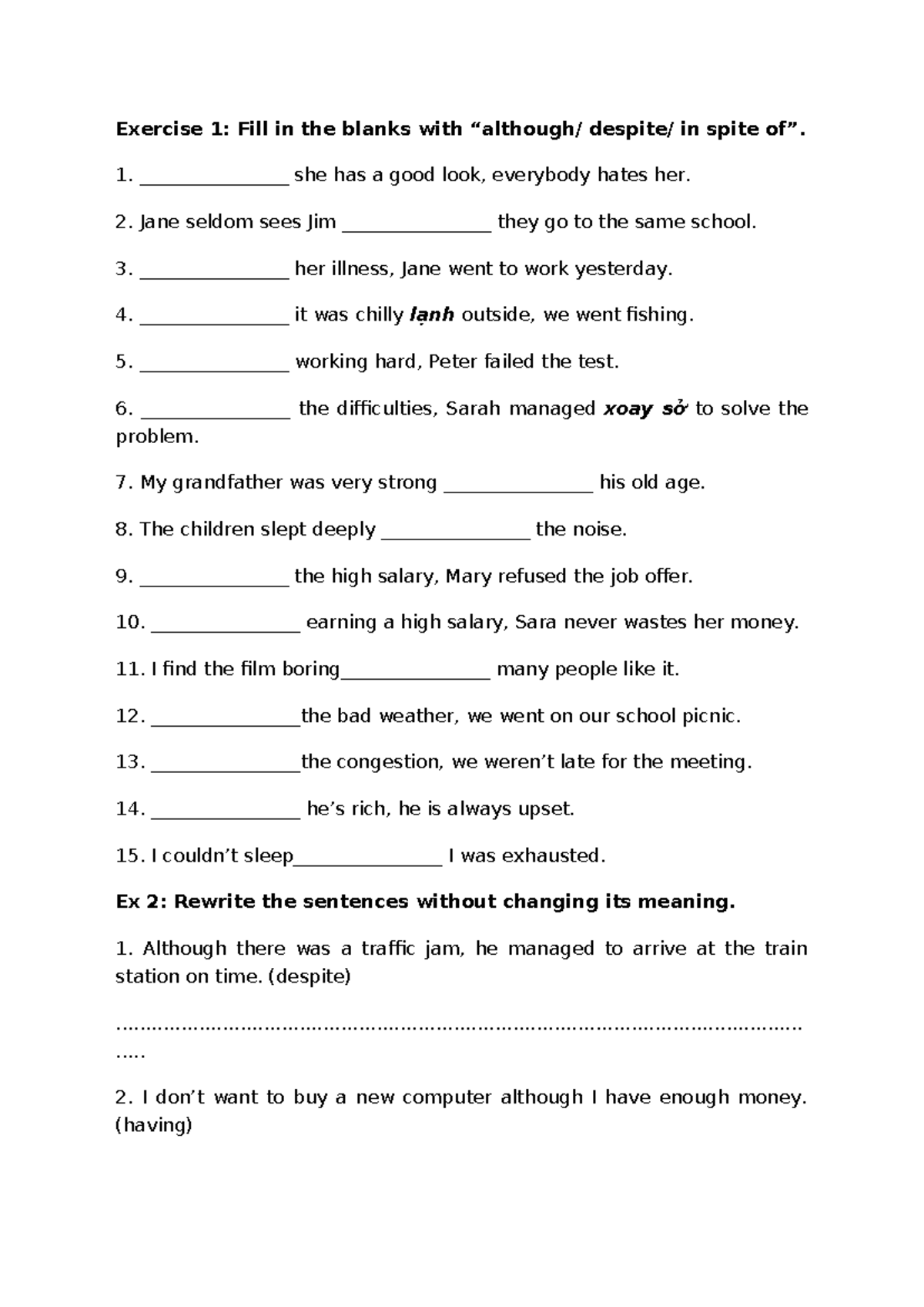 Exercise 1: Fill in the Blanks and Rewrite Sentences - Homework LIÊN TỪ ...