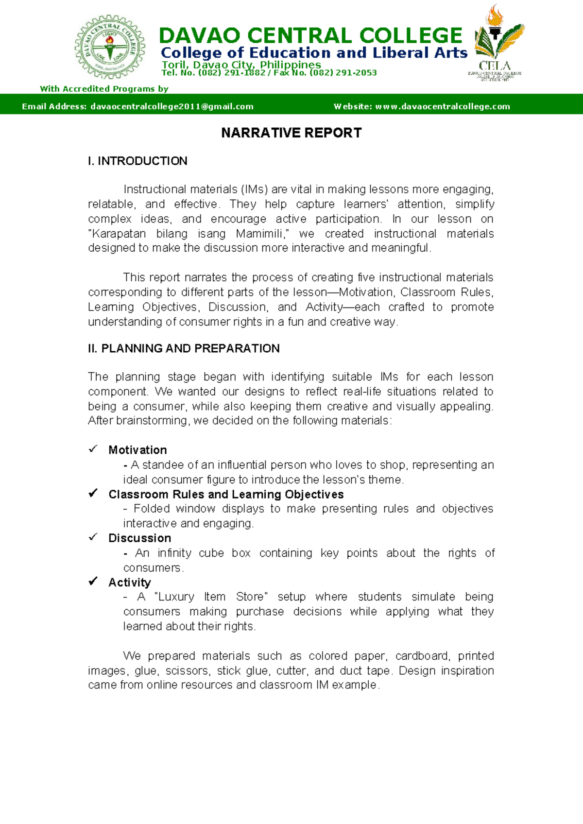 Narrative Report on Instructional Materials for Consumer Rights - Studocu
